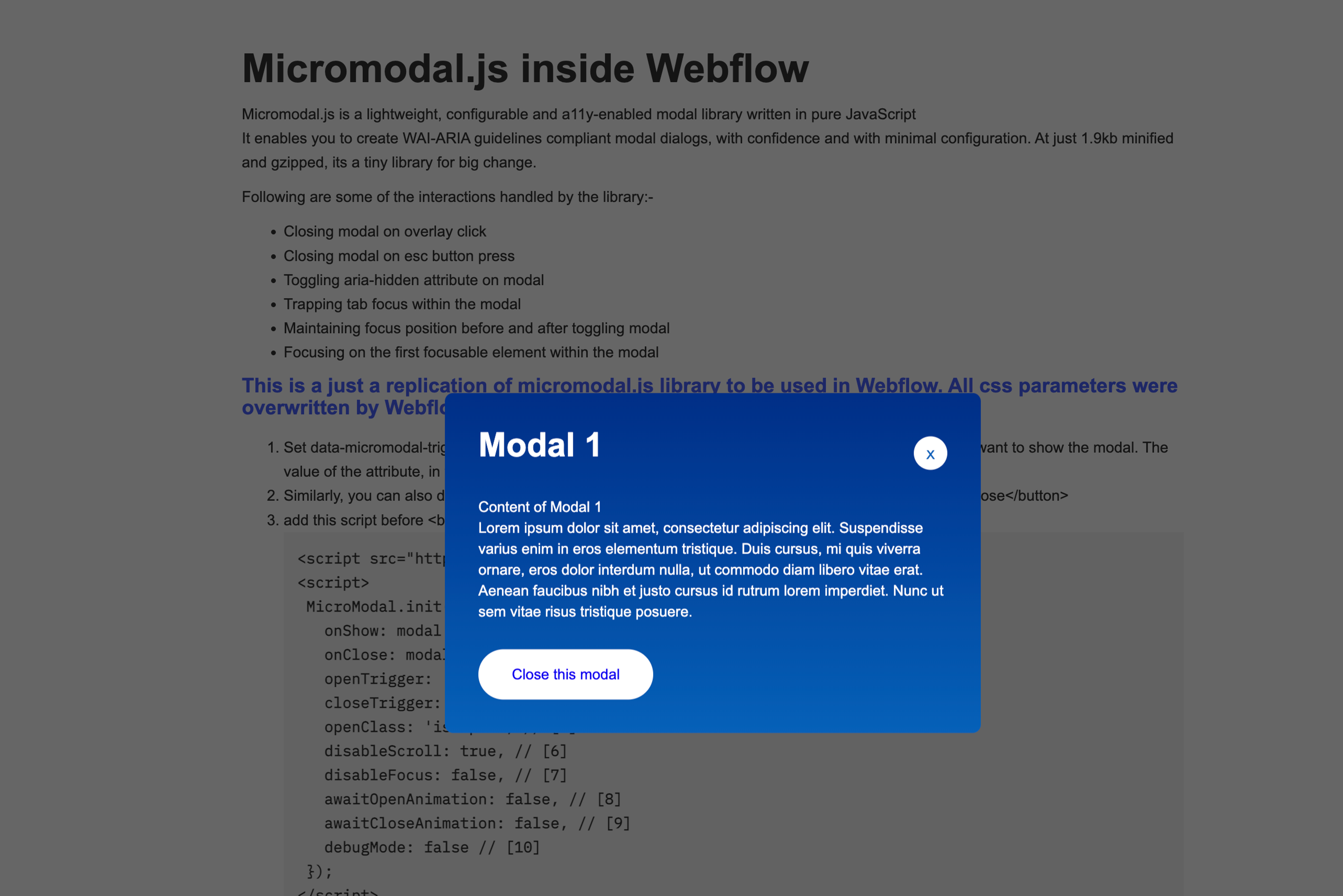 Micromodal.js inside Webflow - Webflow